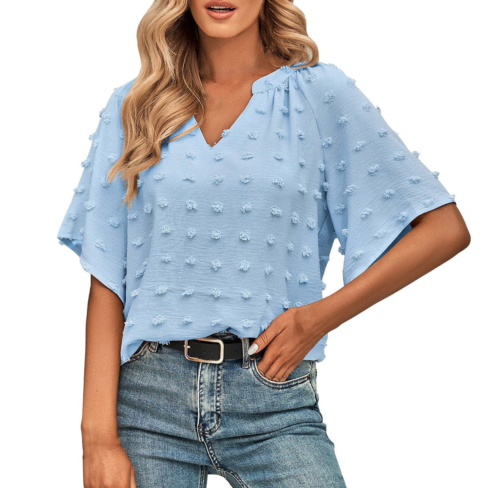 Women's Casual V Neck Textured Blouse with Flutter Short Sleeves Loose Fit Flowy Summer Top ...
