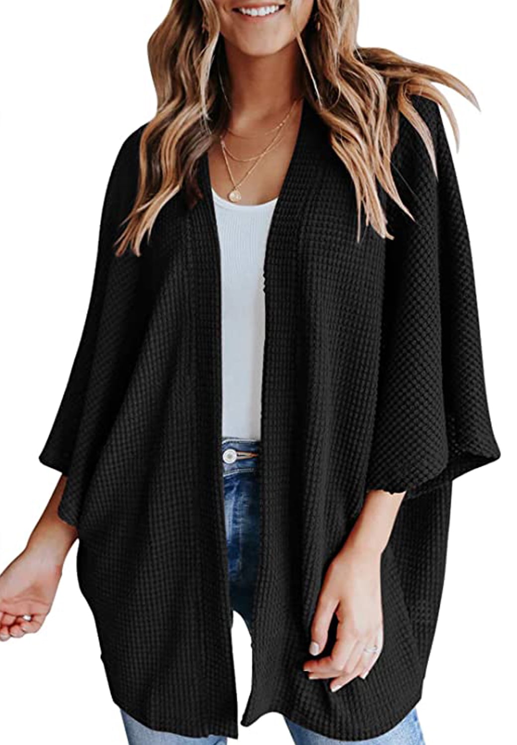 Women's Casual Waffle Knit 3/4 Sleeve Kimono Cardigan Solid Color ...