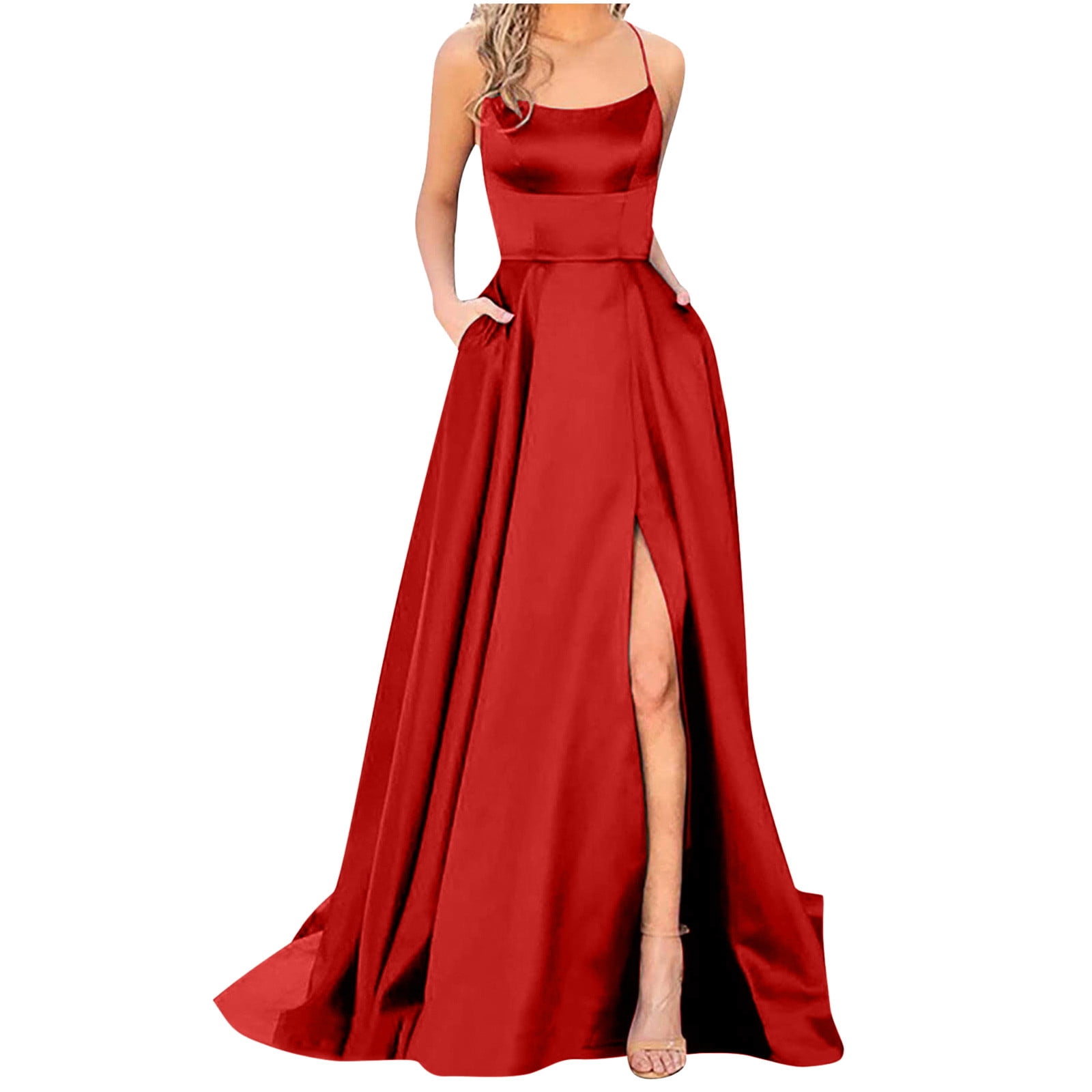 Women's Casual Wear Solid Color Off Back Strap Long Dress Slim Off ...