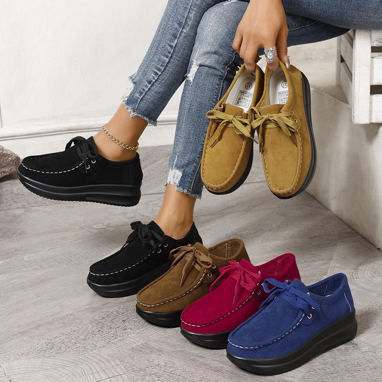 Women's Casual Wedge Loafers Slip-On Shoes, Thick-Soled Round Toe, Lace ...