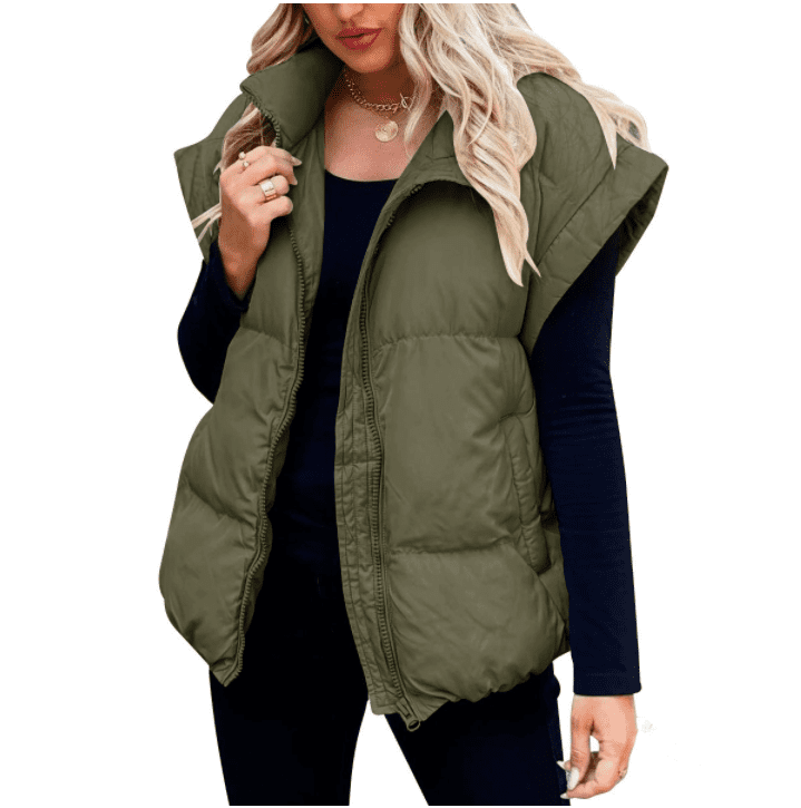 Women's Casual Winter Oversized Puffer Vest Stand Collar Flysleeve ...