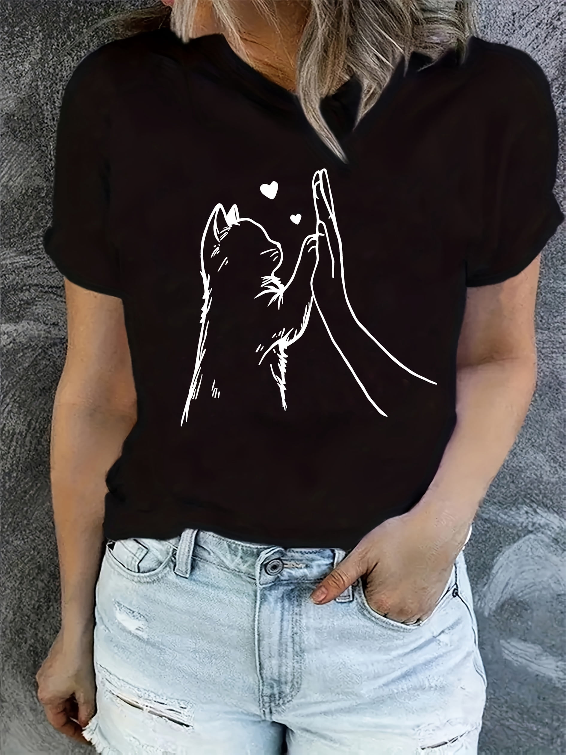Women's Cat Paw & Heart Graphic Print Casual T-Shirt - Soft Stretch ...