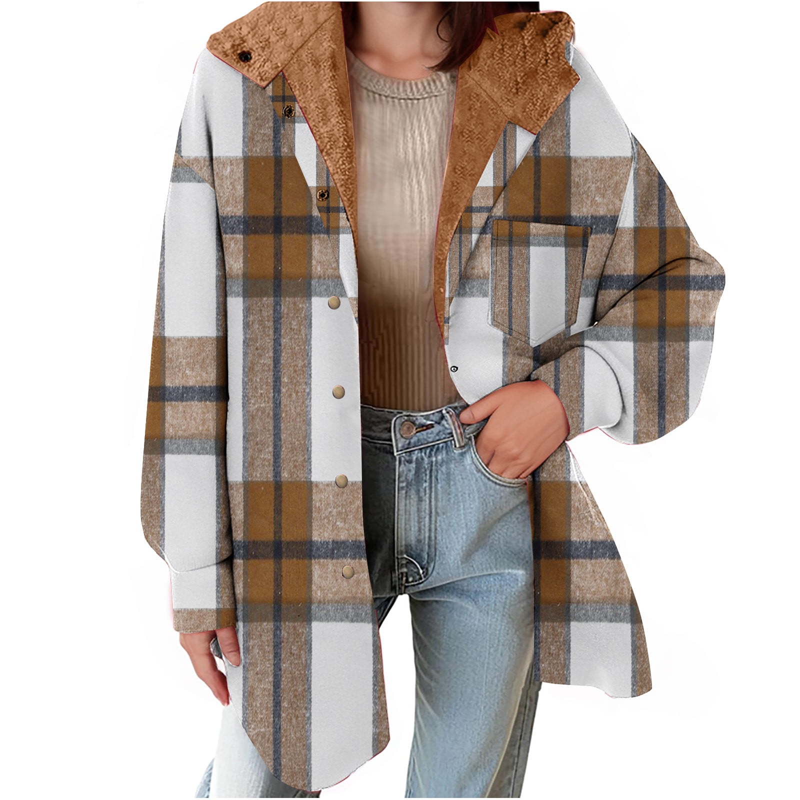 Women's Checkered Plaid Shacket Jackets Vintage Classic Long Sleeve ...