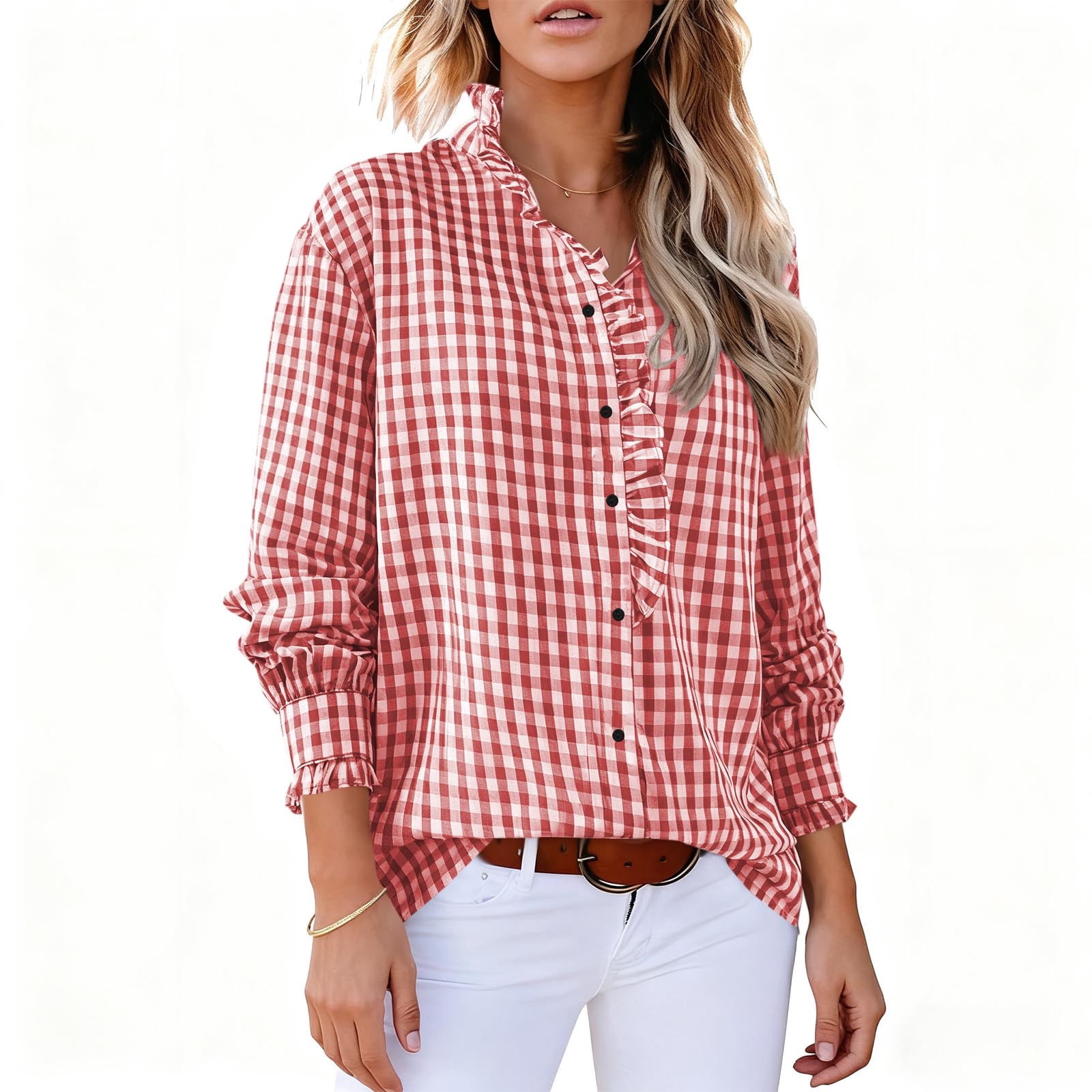 Women's Checkered Striped Blouse Button Down Rolled Up Long Sleeve Tops ...