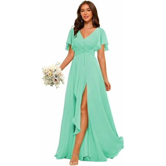 Women's Chiffon Bridesmaid Dresses 2025 Short Sleeves Formal Dress ...