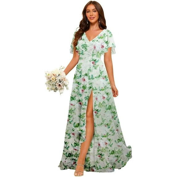 Women's Chiffon Bridesmaid Dresses 2025 Short Sleeves Formal Dress ...