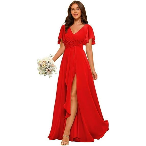 Women's Chiffon Bridesmaid Dresses 2025 Short Sleeves Formal Dress ...