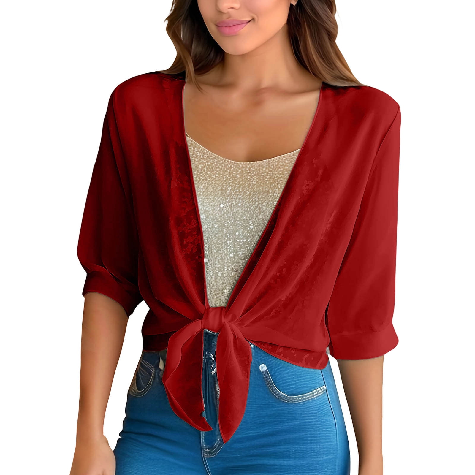 Women's Chiffon Cardigans V-Neck Half Sleeve Blouses Short Length With ...