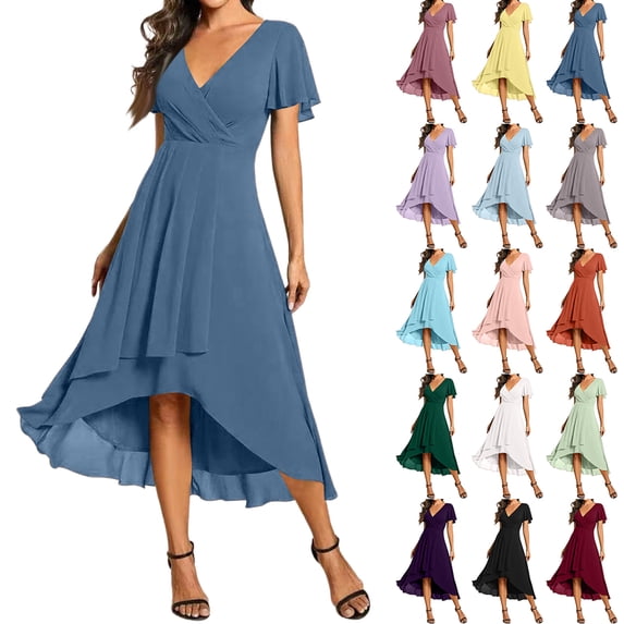 Women's Chiffon Dress Casual V-Neck High Waisted A-Line Midi Dress ...