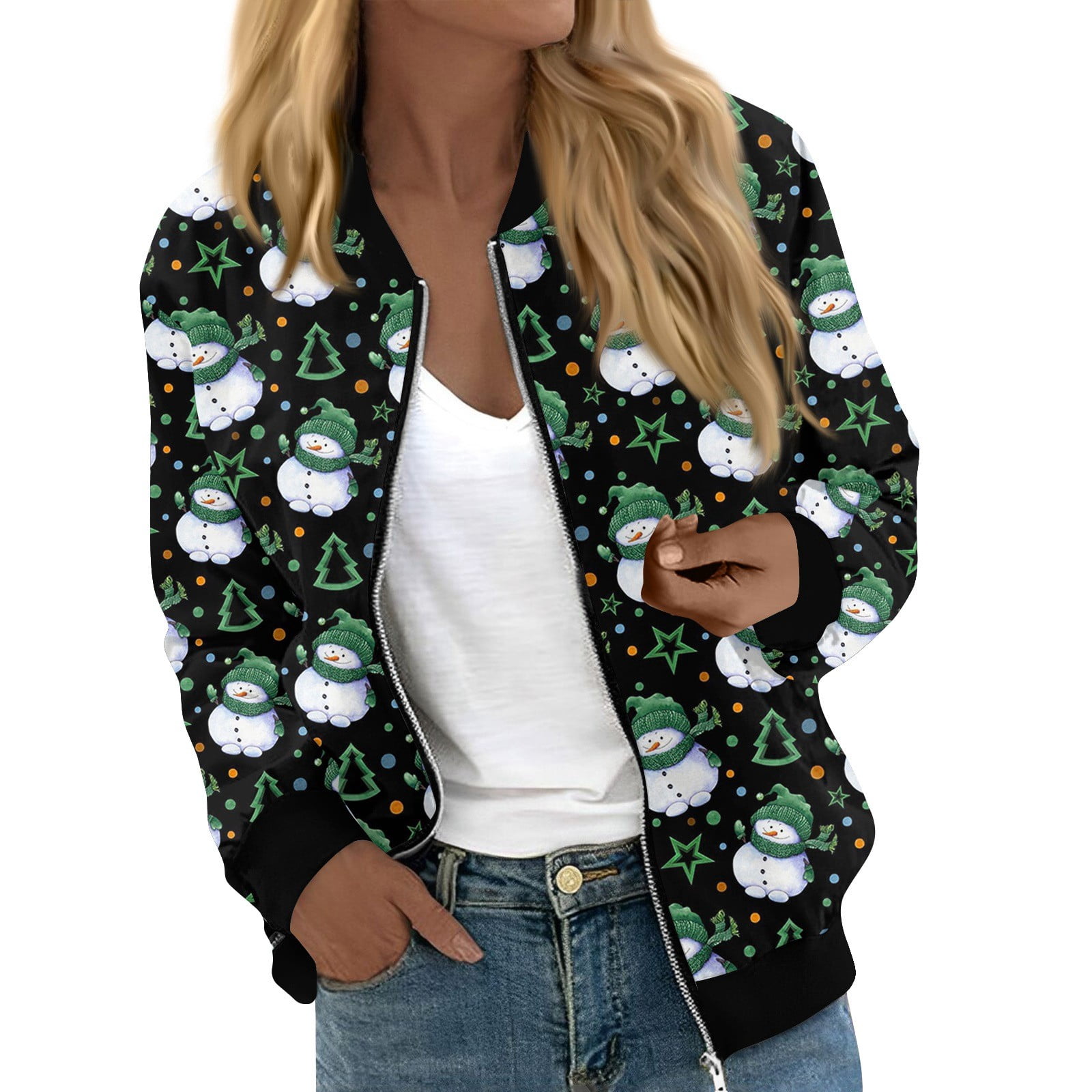 Women's Christmas Bomber Jacket Festive Holiday Themed Outerwear with ...