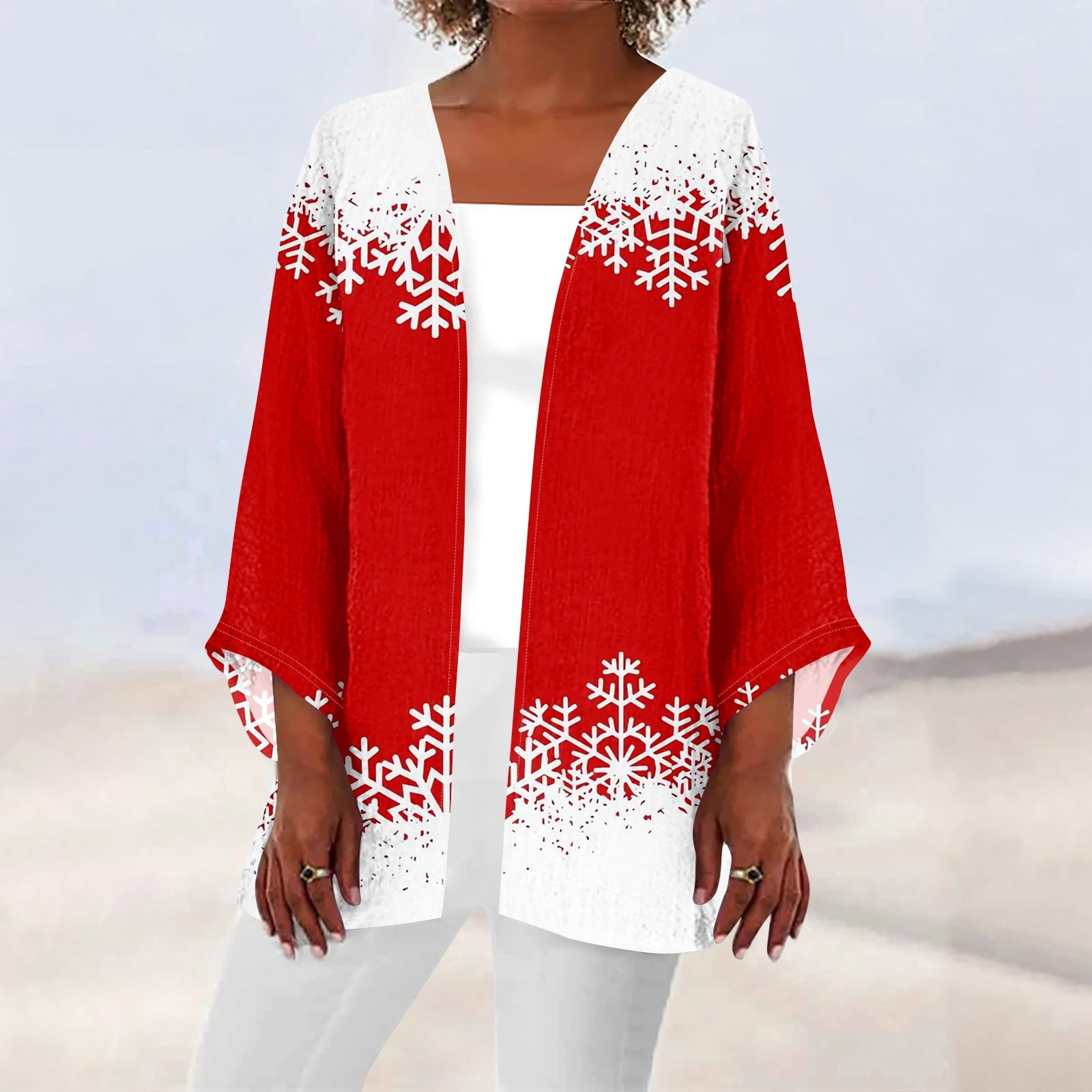 Women's Christmas Cardigan Kimono Festive Red Holiday Long Sleeve Open ...