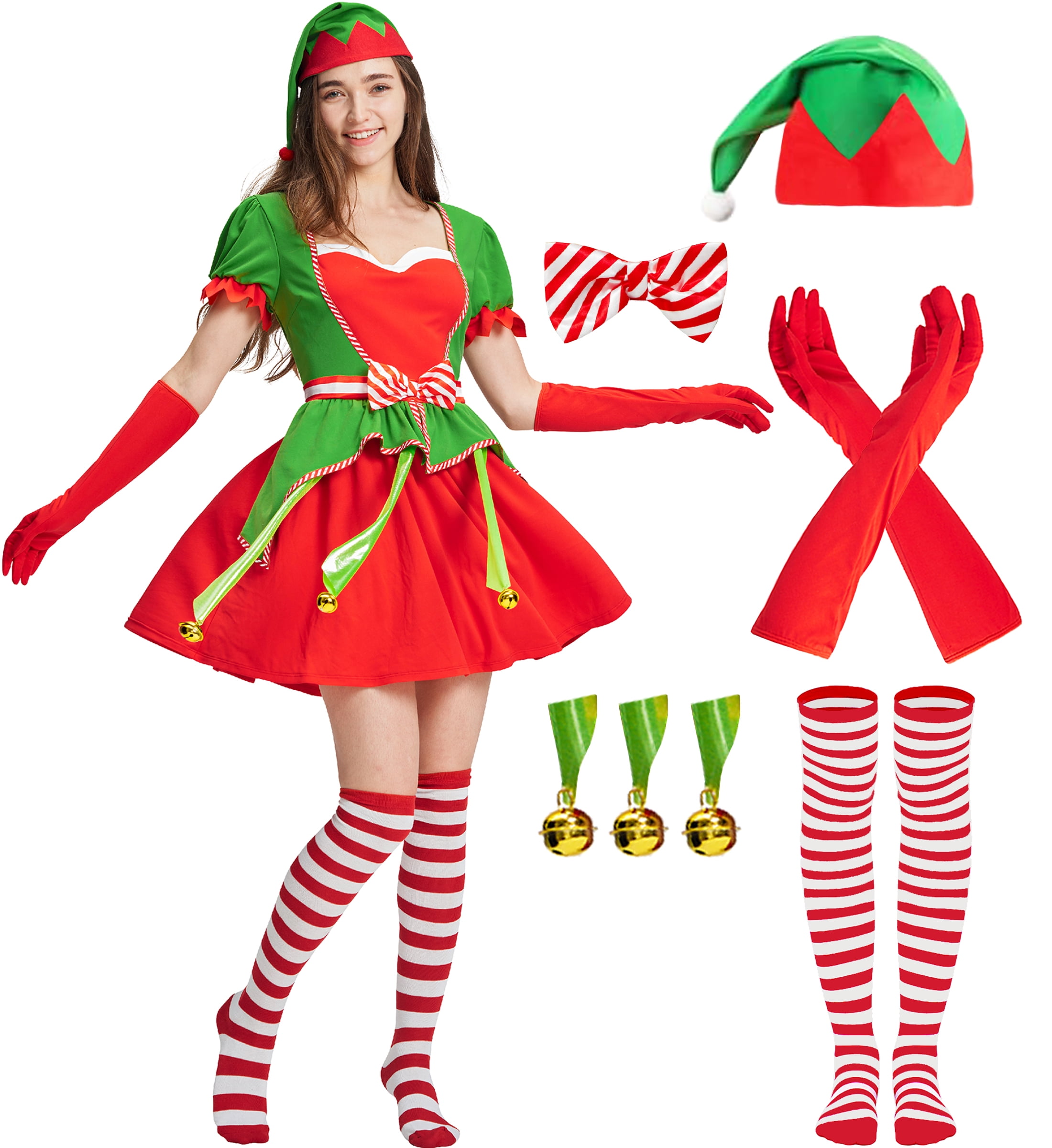 IKALI Women's Christmas Elf Costume, Red Green Puff Sleeve Dress, Hat ...