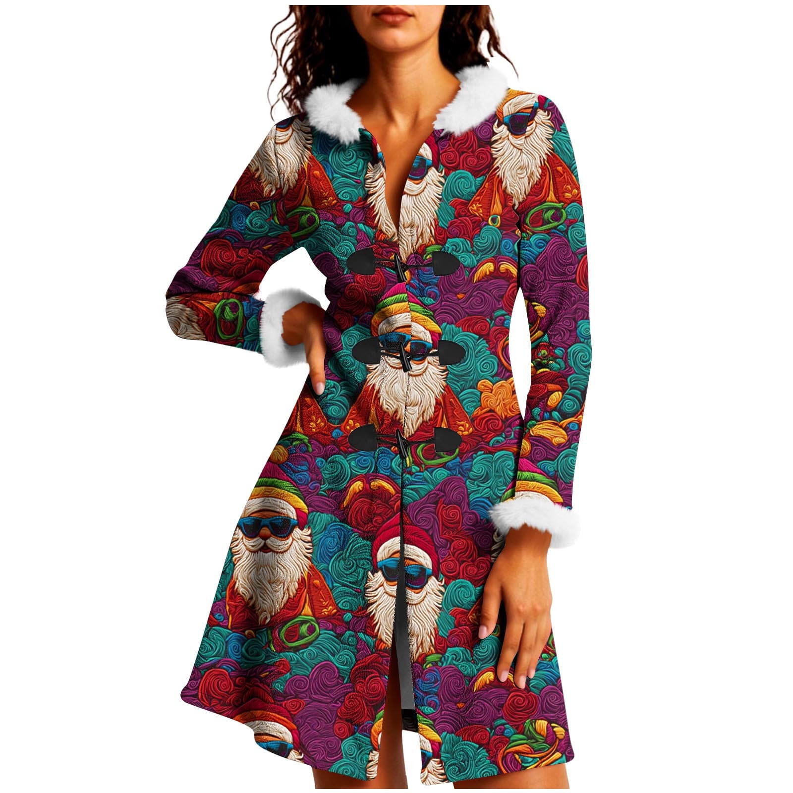 Women's Christmas Flannel Jacket - Furry Trim Hooded Toggle Button ...