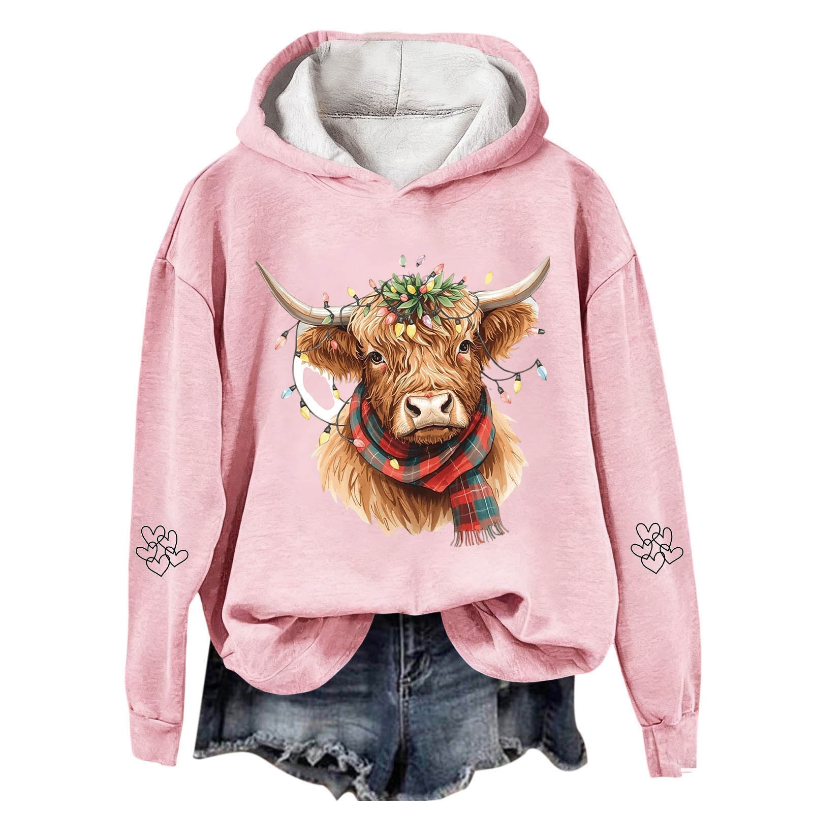 Women's Christmas Hoodies Highland Cattle Print Long Sleeve Hooded ...