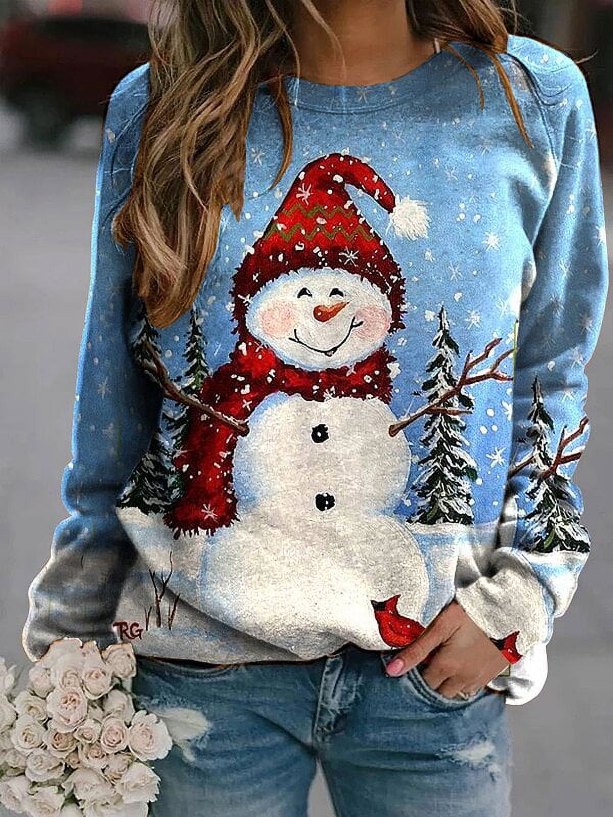 Women's Christmas Loose Snowman Printed Bottoming Long-Sleeved Sweater ...