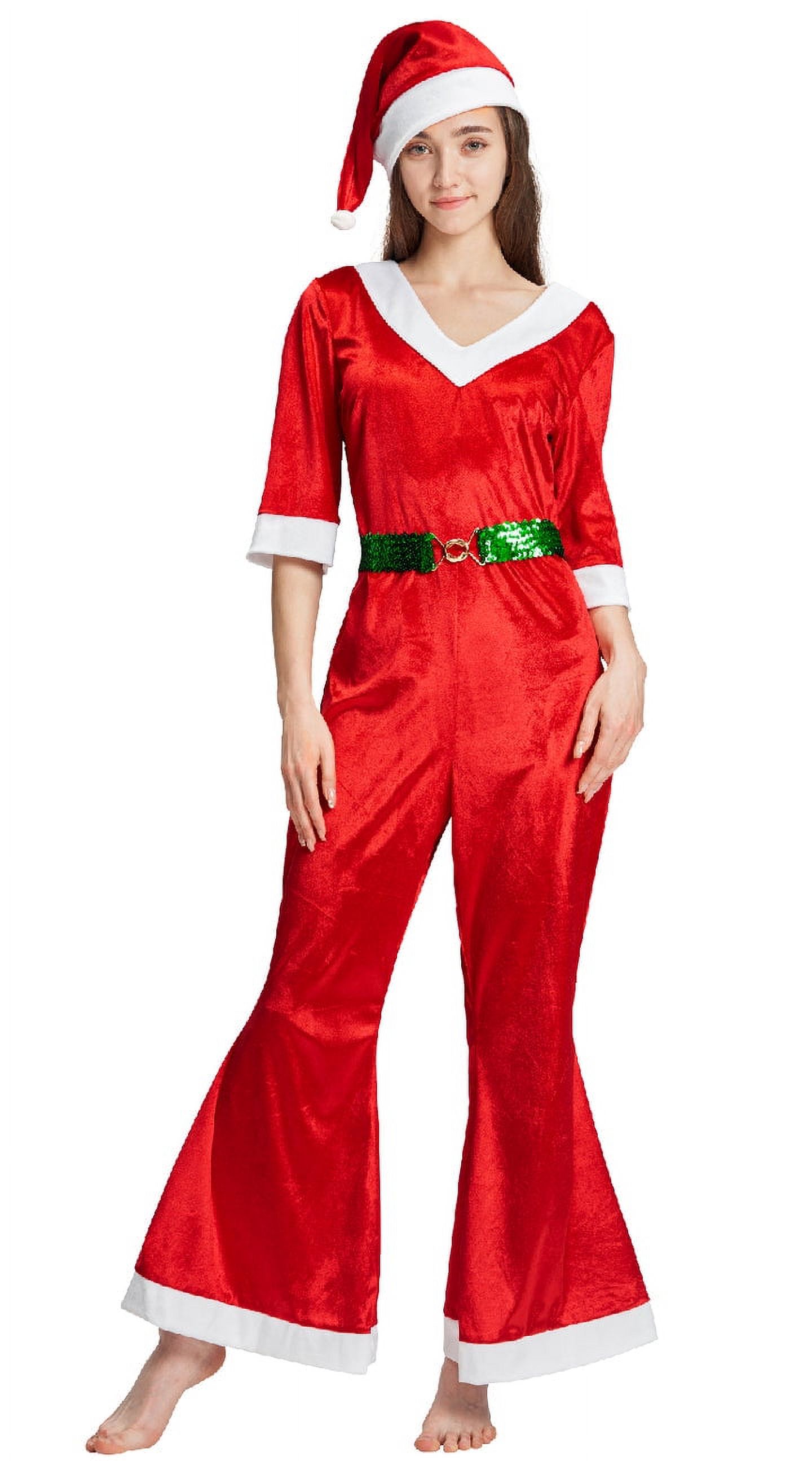 Women's Christmas Mrs. Santa Claus Costume, Xmas V-neck Jumpsuit Hat ...