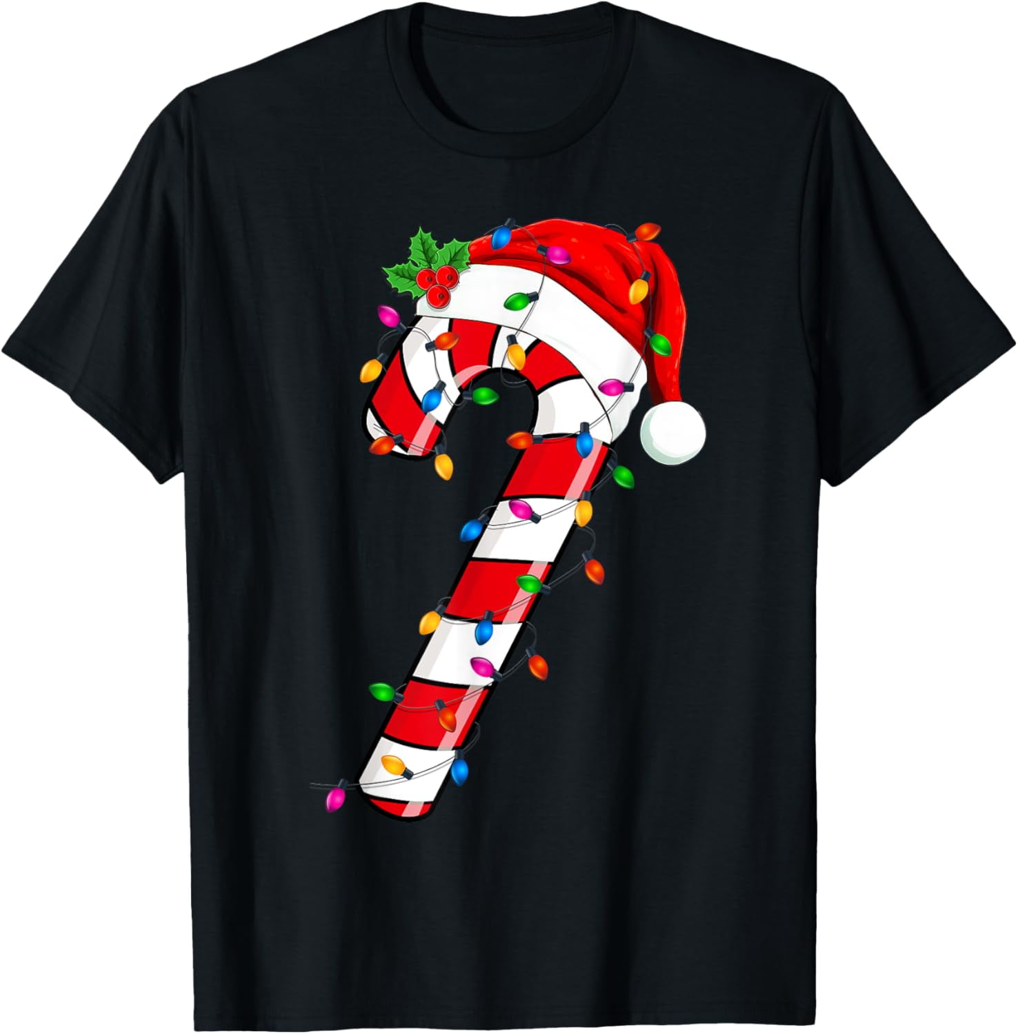 Women’s Christmas Party T-Shirt Candy Cane and Lights Print Casual ...