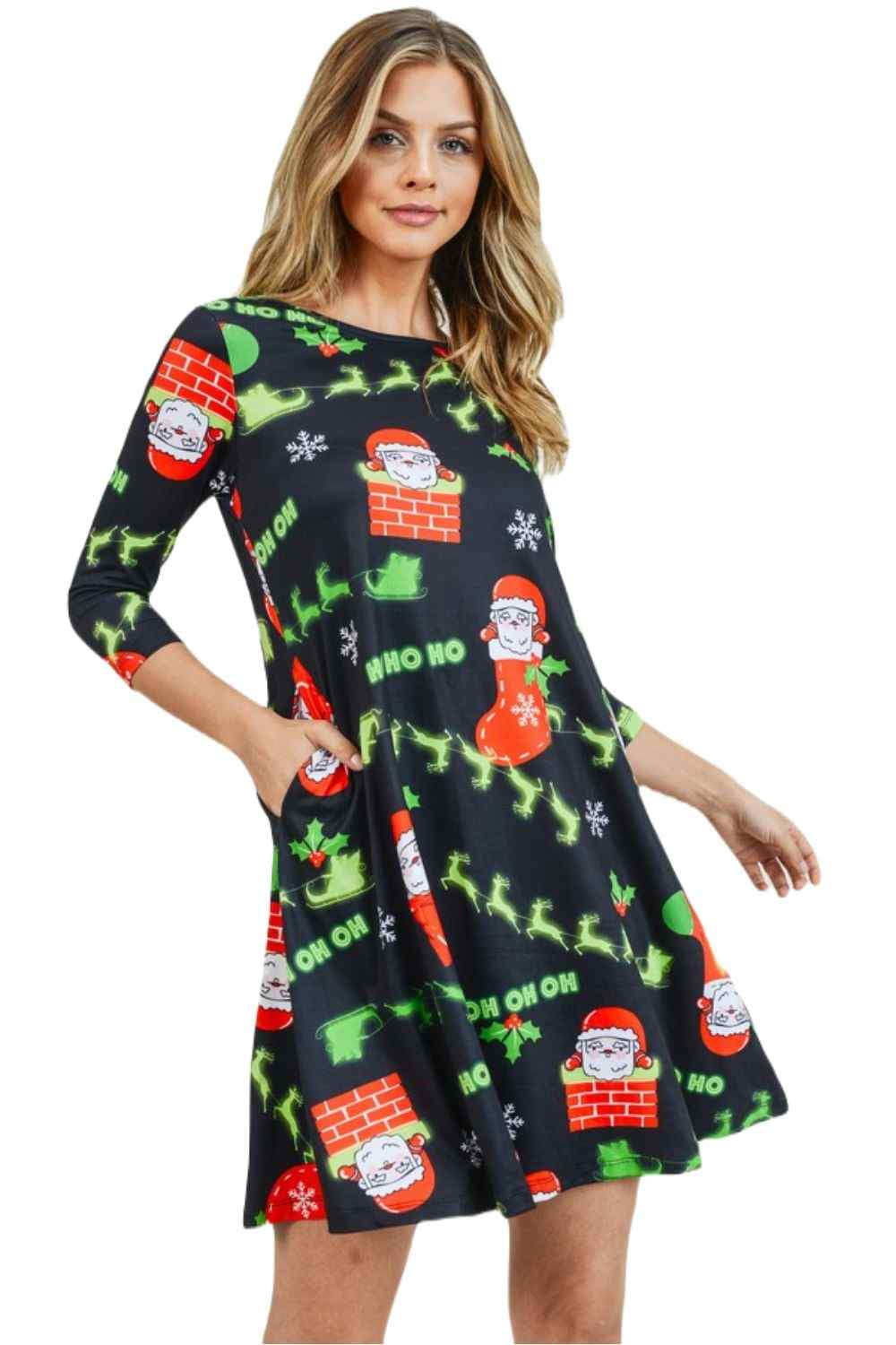 Women's Christmas Print Dress, Ho Ho Ho Santa/Black, L - Walmart.com