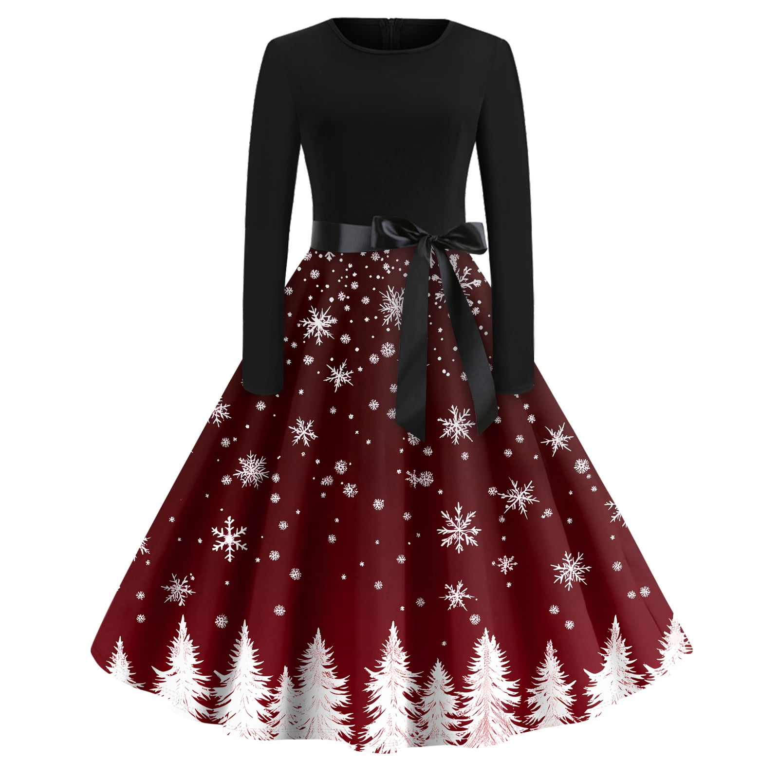 Women's Christmas Print Flare Dress with Snowflake, Christmas Tree and ...