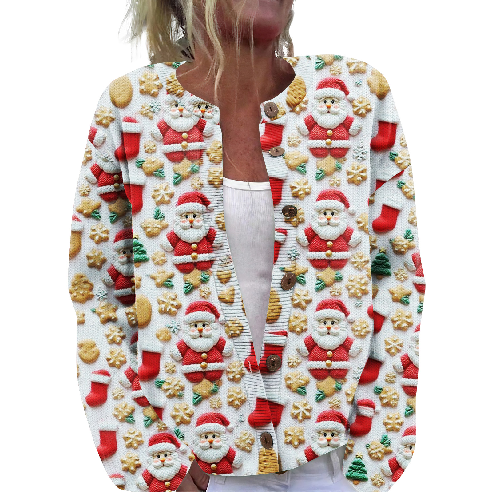 Women's Christmas Printed Knitted Sweater Cardigan with Cute Santa ...