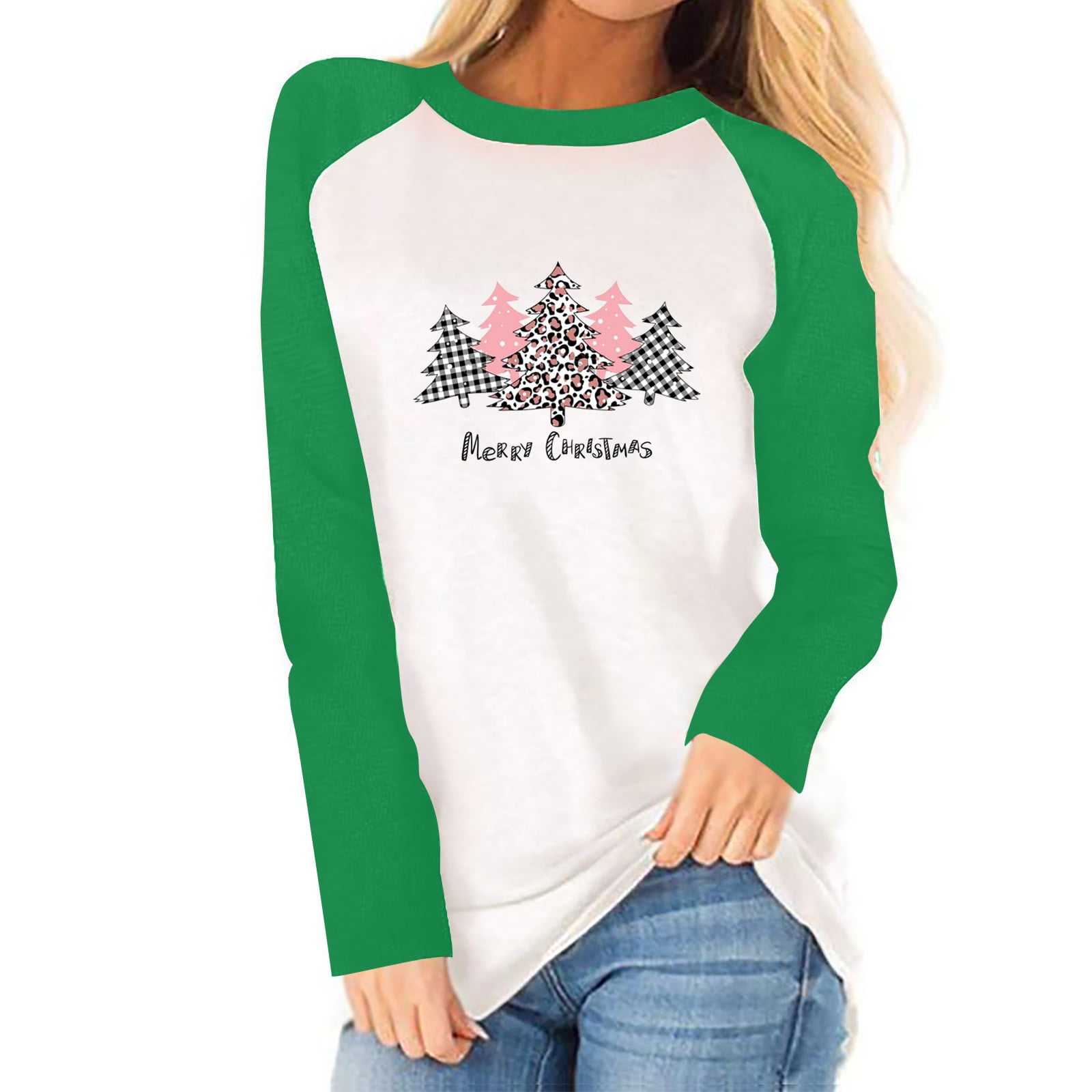Women's Christmas Raglan Shirts Baseball Tee Casual Long-sleeved Round ...