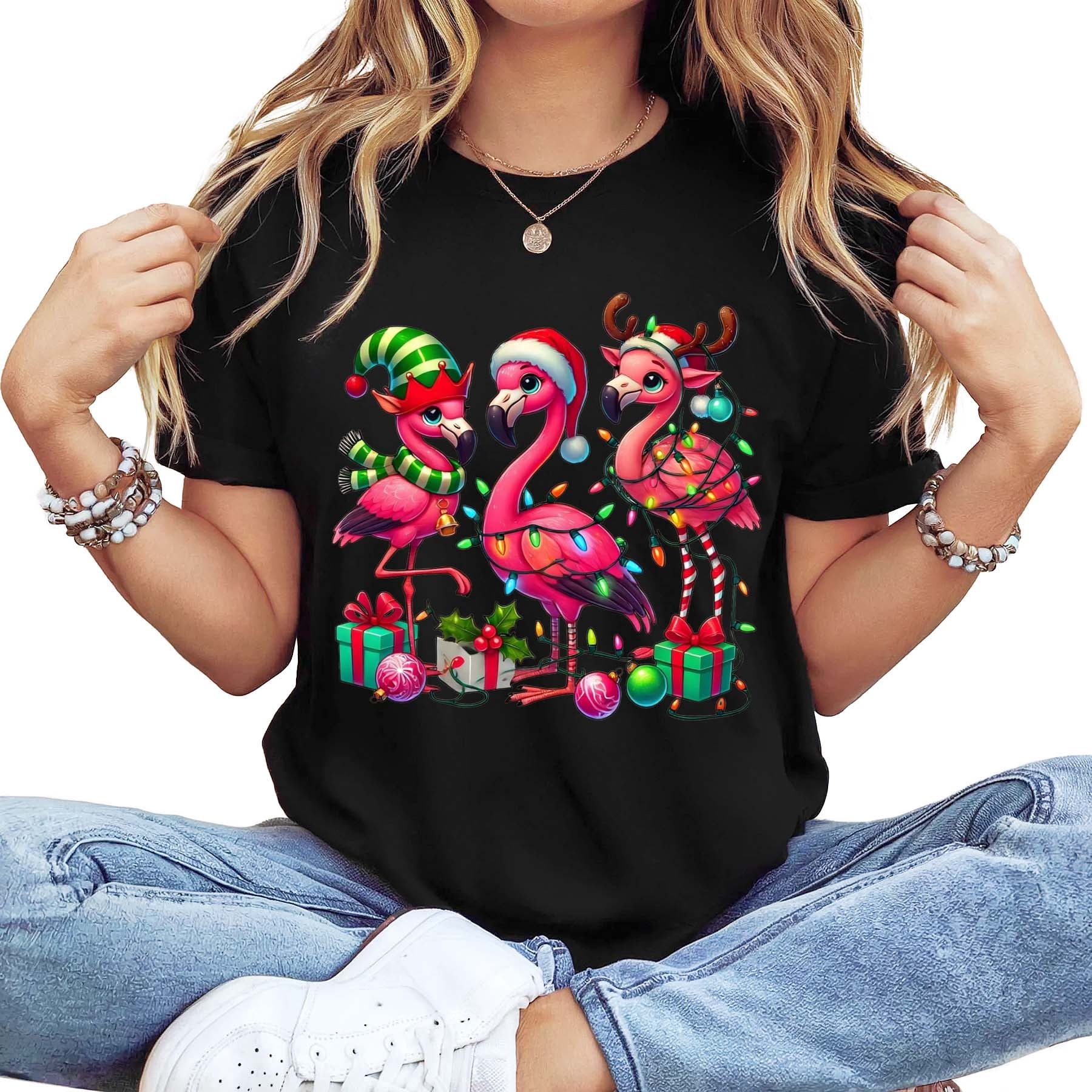 Women's Christmas Santa "Believe" Print Long Sleeve Top, Red Black ...
