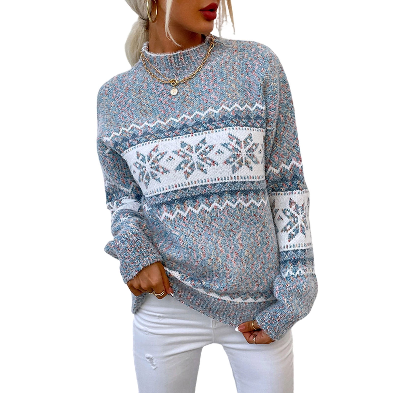 Women's Christmas Snowflake Sweater Neck Holiday Vacation Knitted Long ...