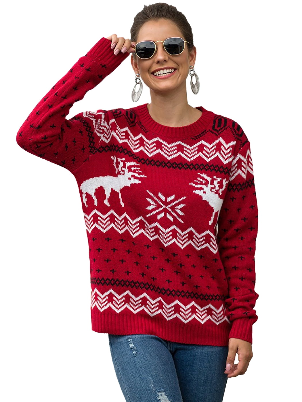 Women's Christmas Sweater Long Sleeve Reindeer Snowflakes Patterns Knit ...
