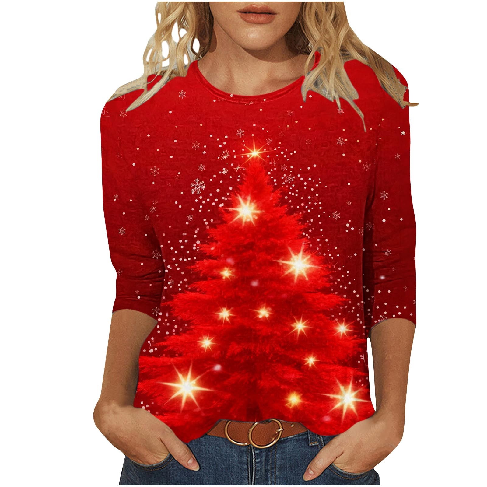 Women's Christmas Tees Crewneck 3/4 Sleeve Tops 2025 Soft Festive ...