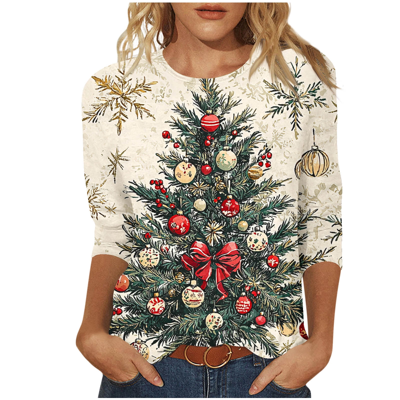 Women's Christmas Tops 3/4 Sleeve Tees Round Neck Sweatshirts Christmas ...