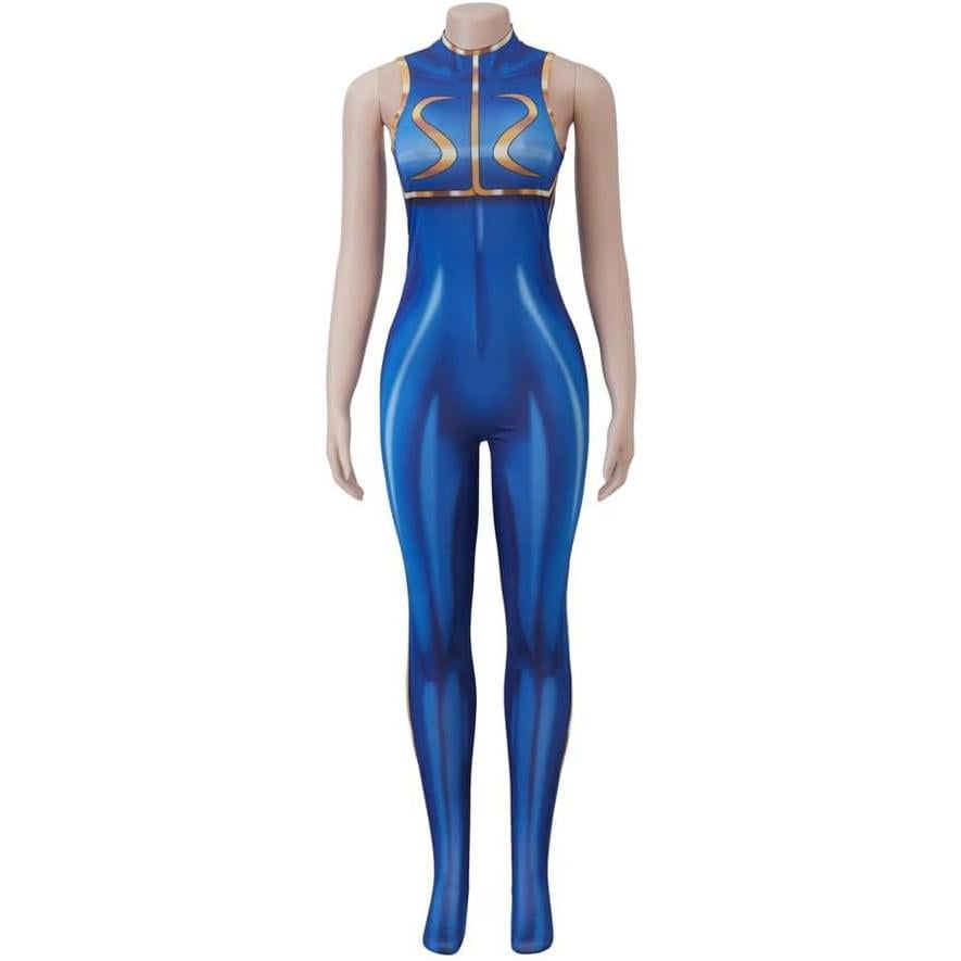 Women's Chun Li Character Style Blue Bodysuit Jumpsuit Outfit for Carnival Stage and Dress Up ...