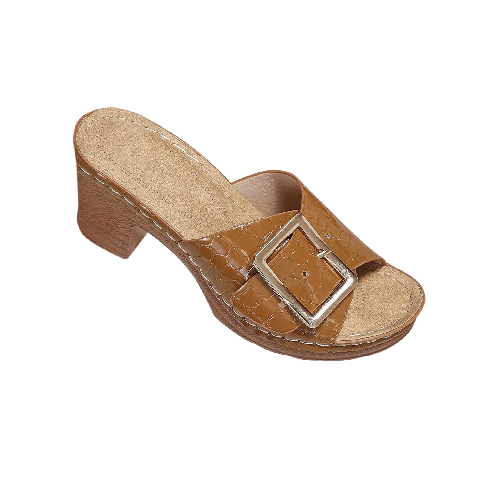 Women's Chunky Crocodile Leather Sandals Dressy High Block Heeled Mule ...