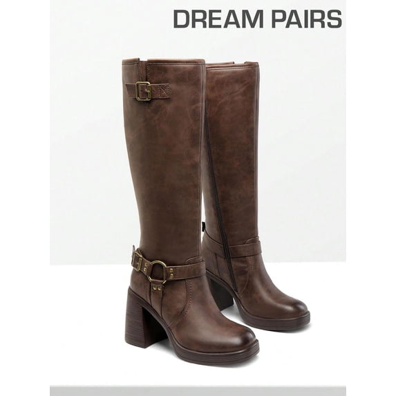 Women's Chunky Heel Platform Knee-High Square Toe Boots with Side ...