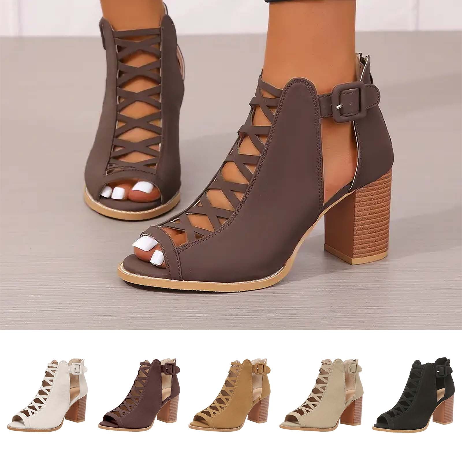 Women's Chunky Heeled Sandals Peep Toe Cut-out Buckle Strap Stacked ...