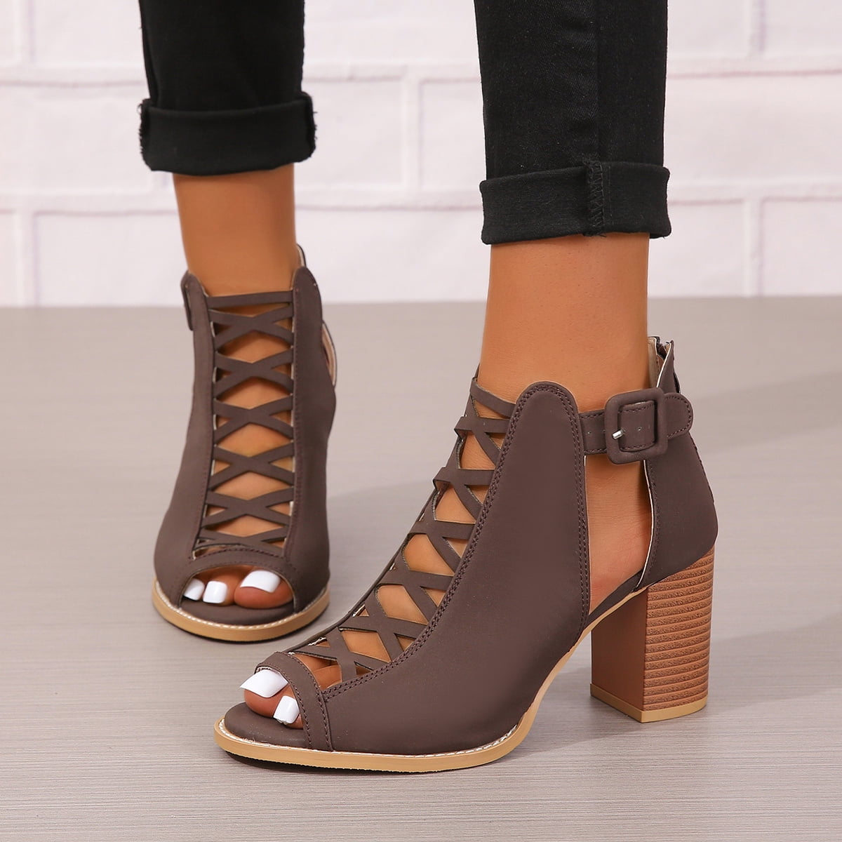 Women's Chunky Heeled Sandals, Peep Toe Cut-out Buckle Strap Stacked ...