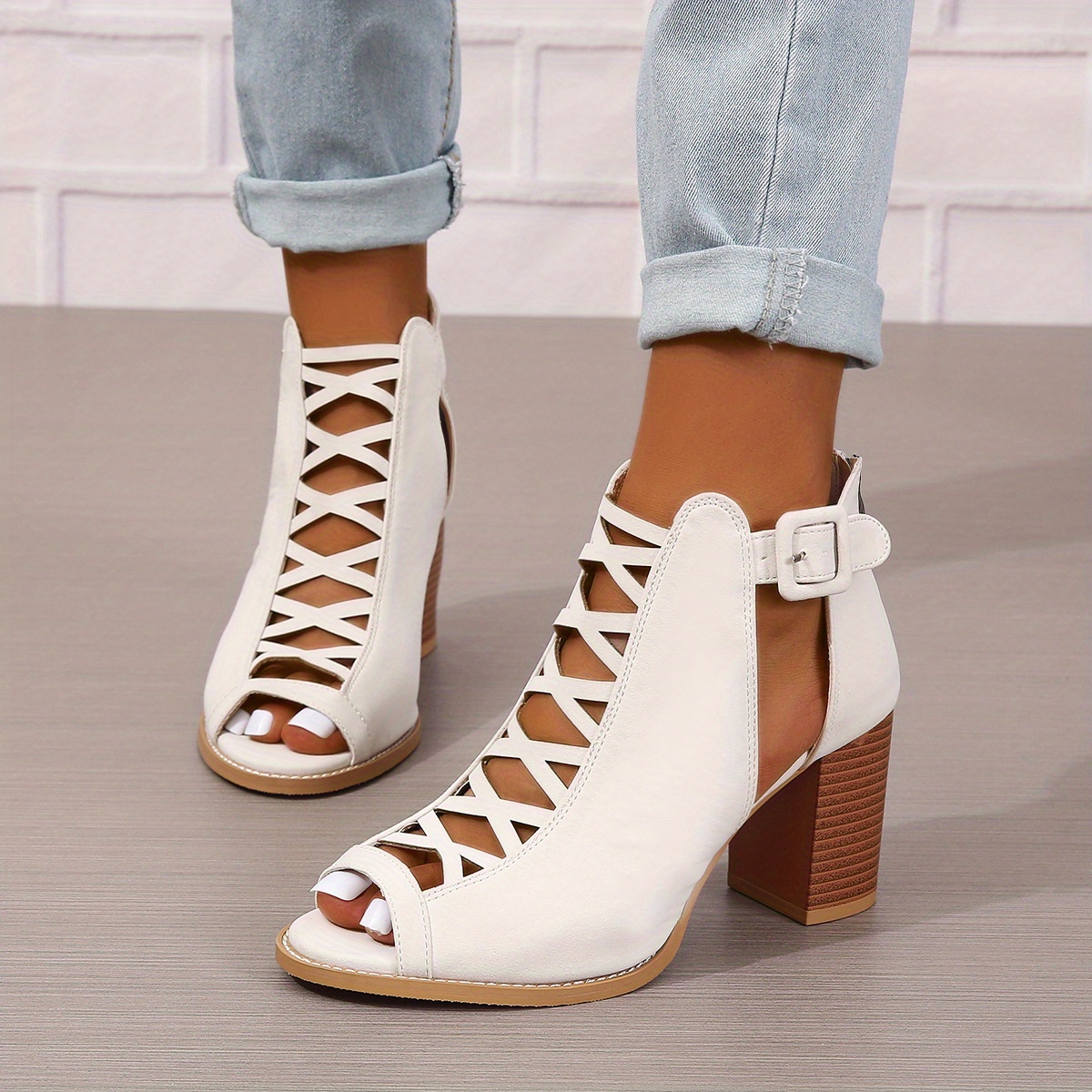 Women's Chunky Heeled Sandals, Peep Toe Cut-out Buckle Strap Stacked ...