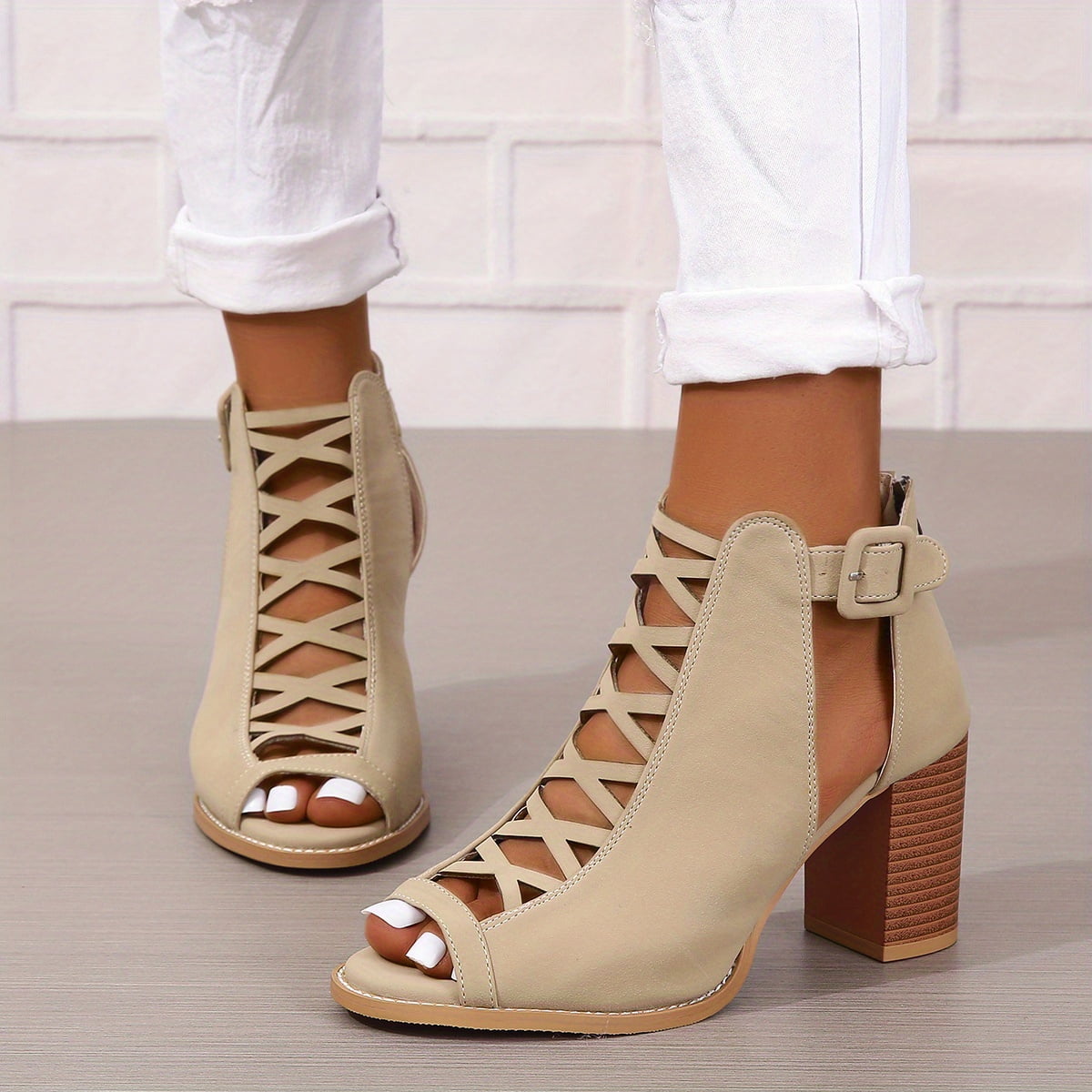 Women's Chunky Heeled Sandals, Peep Toe Cut-out Buckle Strap Stacked ...