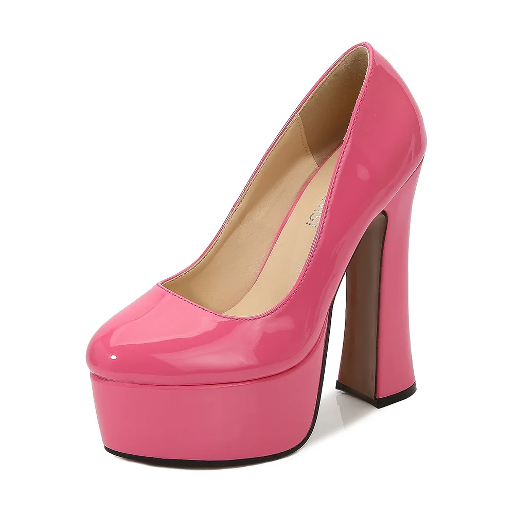 Women's Chunky High Heels Round Toe Pumps 14cm Heel 4cm Platform WZ ...