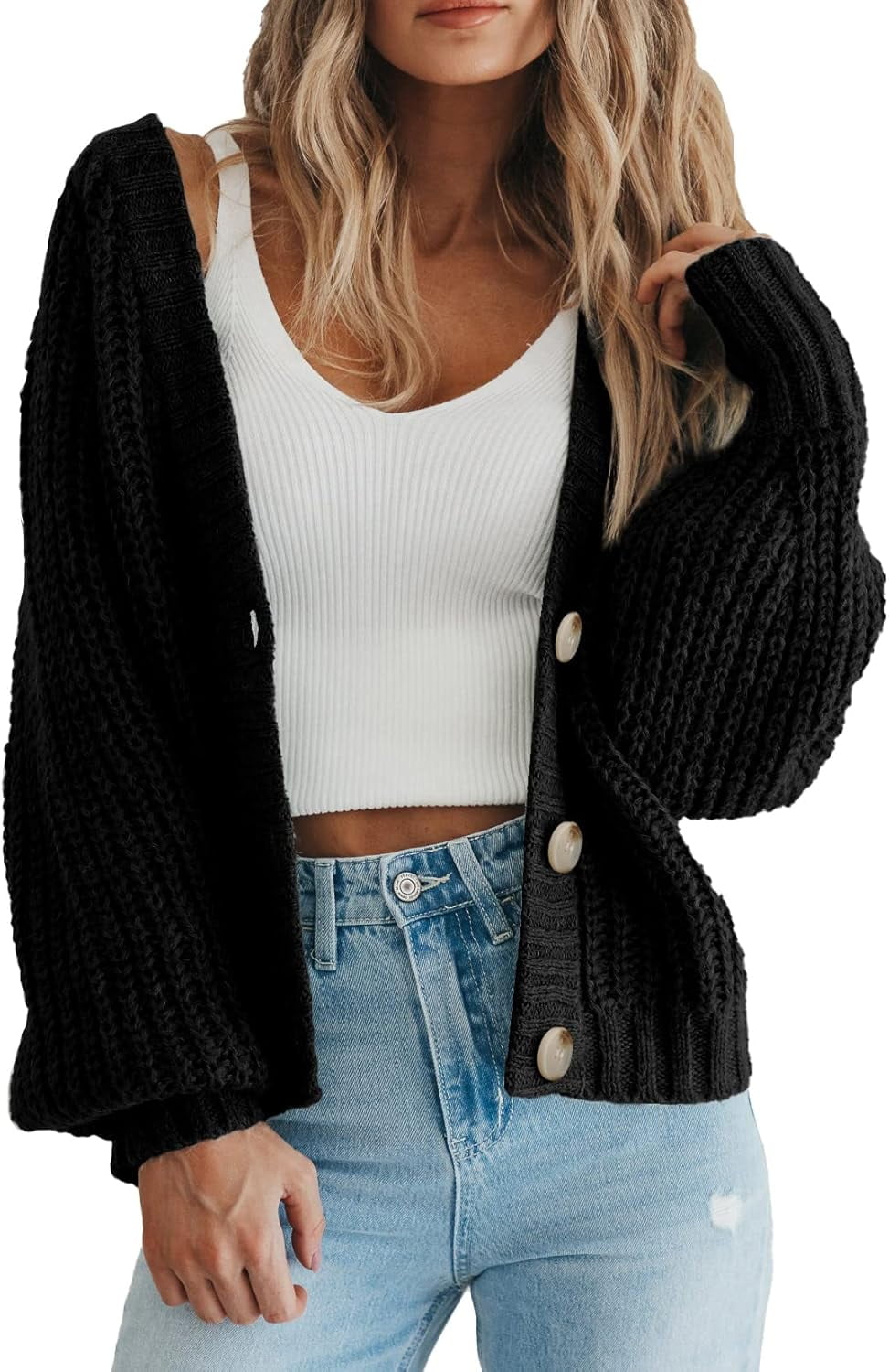 Women's Chunky Knit Open Front Sweater Long Sleeve Button Loose Short ...