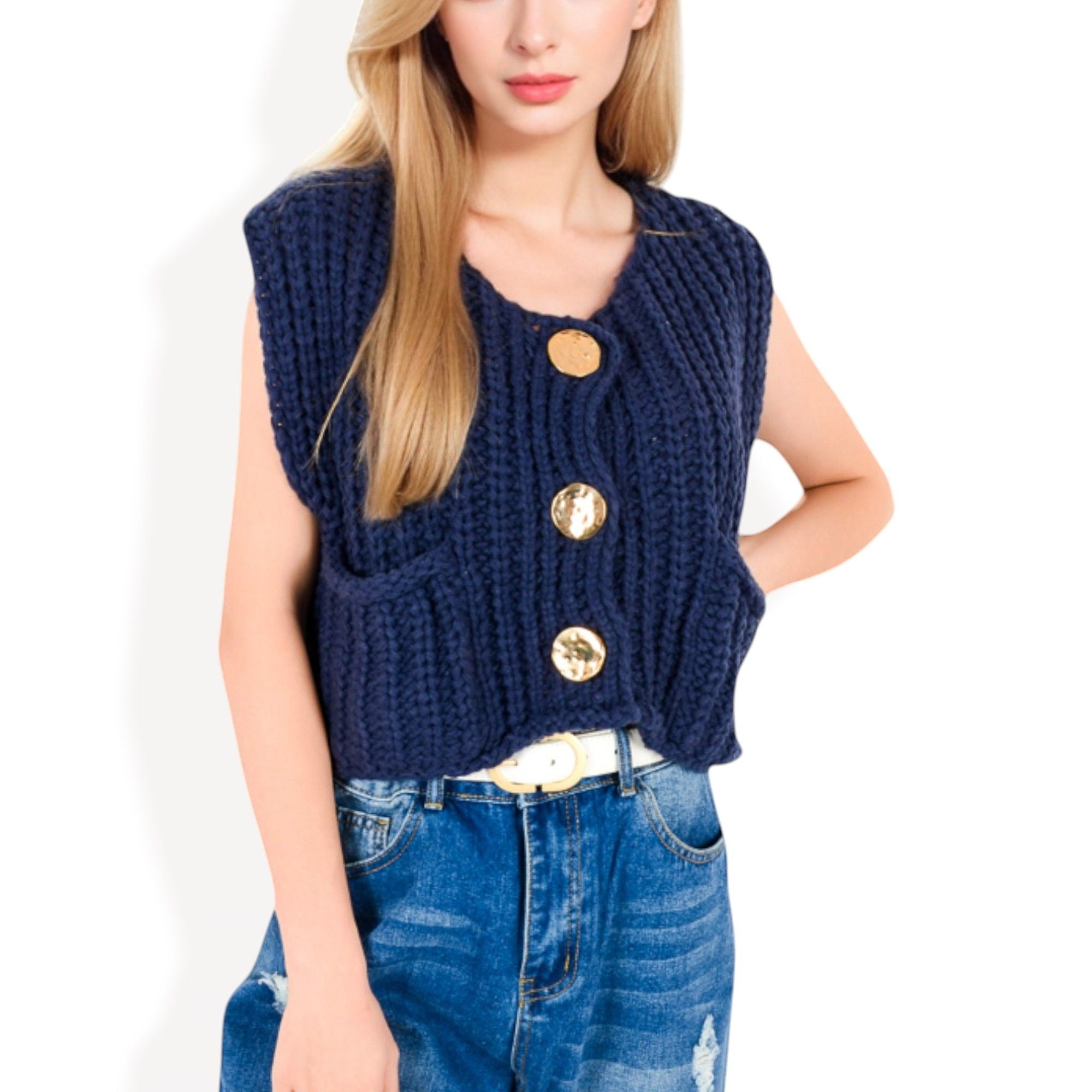 Women's Chunky Knit Vest with Oversized Buttons and Front Pockets ...