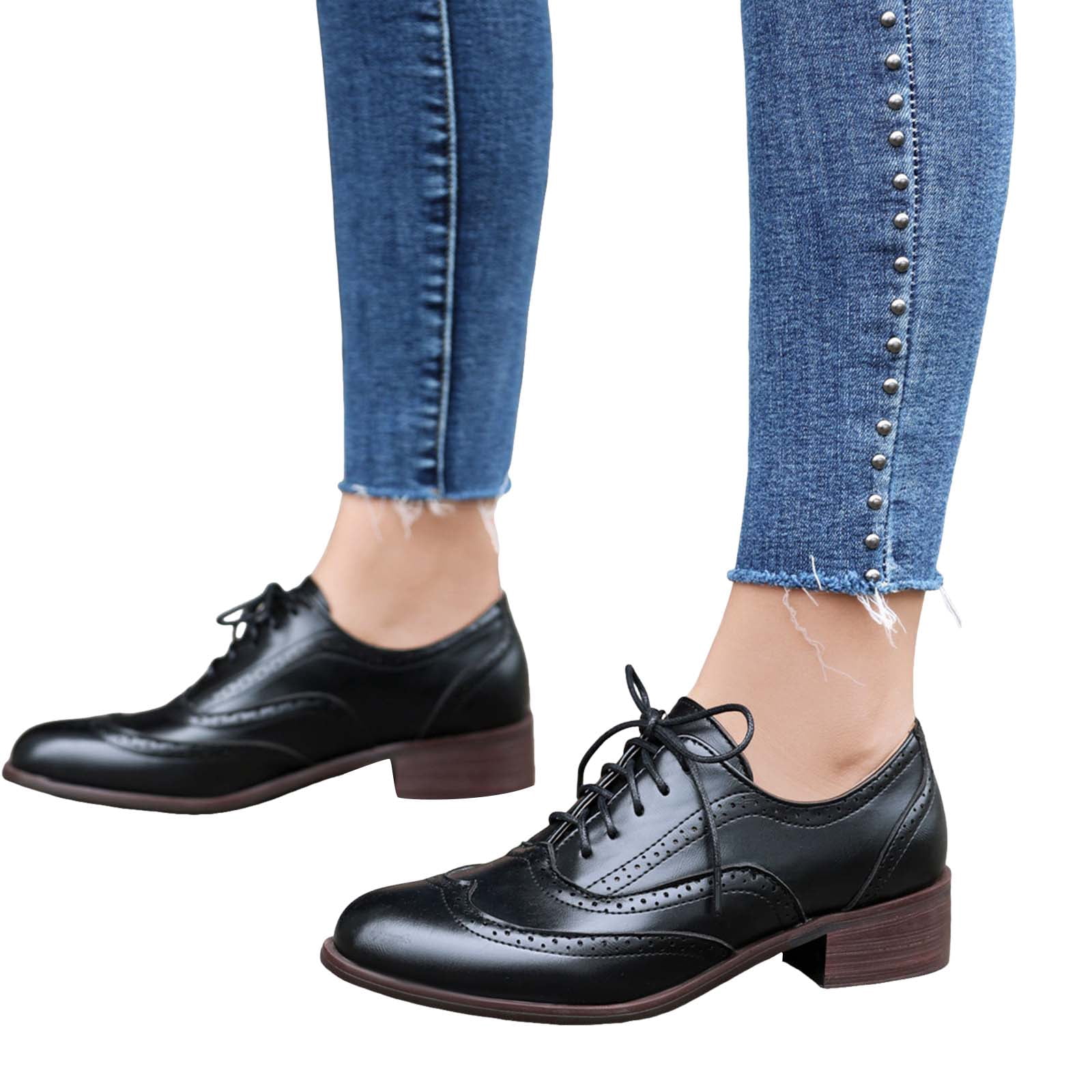 Women's Chunky Low Heels Wingtip Oxfords Shoes Pointed Toe Lace Up Low ...