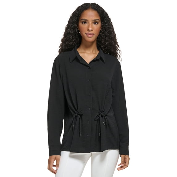 Women's Cinched Waist Button Down Shirt Black M - Walmart.com