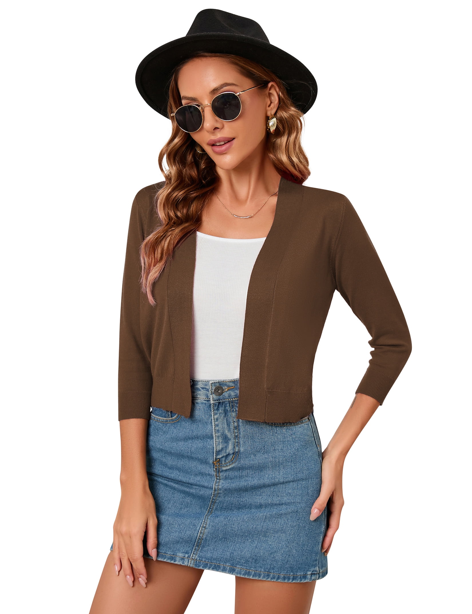 Women's Classic 3/4 Sleeve Open Front Cropped Cardigan Sweater ...