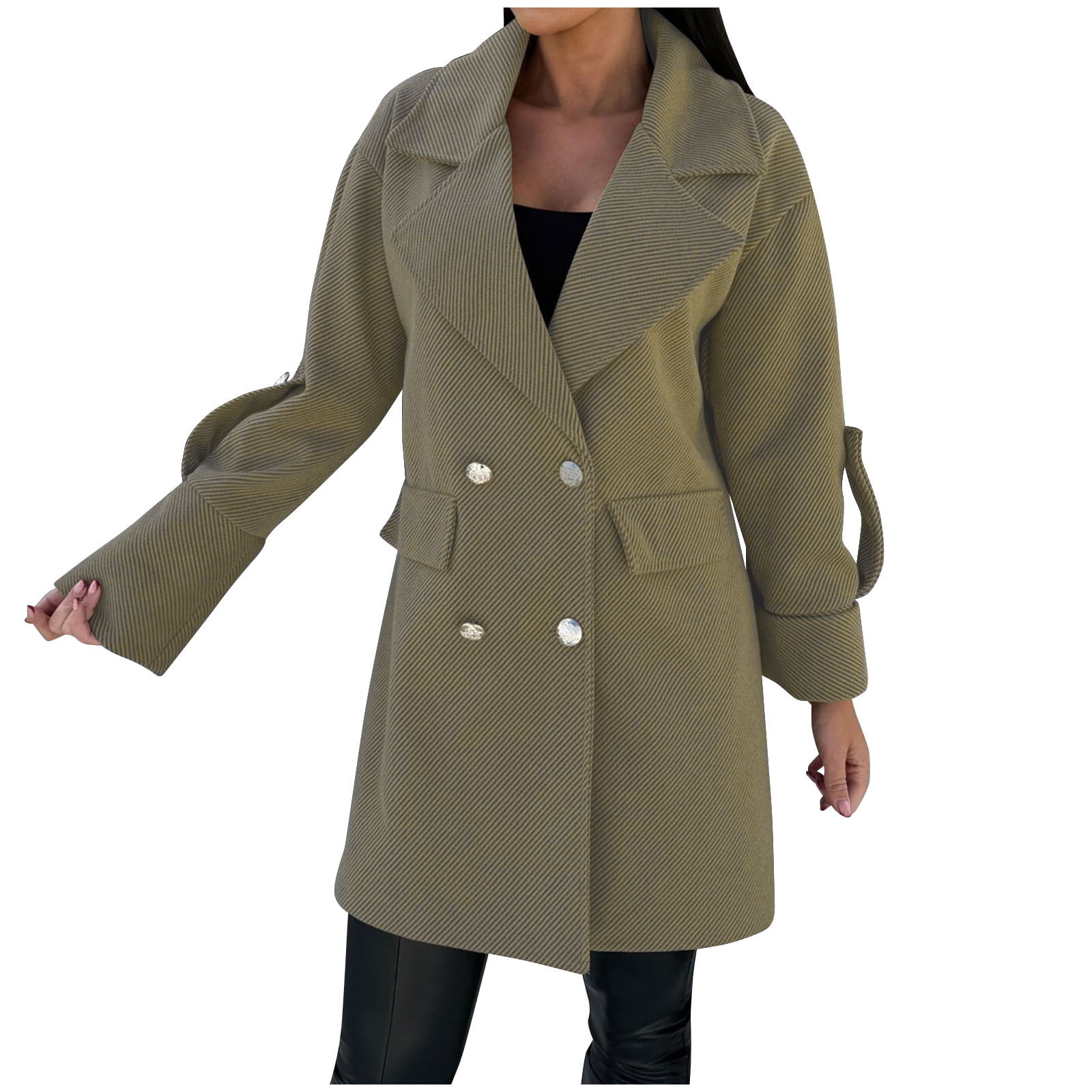 Women's Classic Double Breasted Wool Blend Pea Coat Mid Long Trench Coat Solid Color Suit Collar ...
