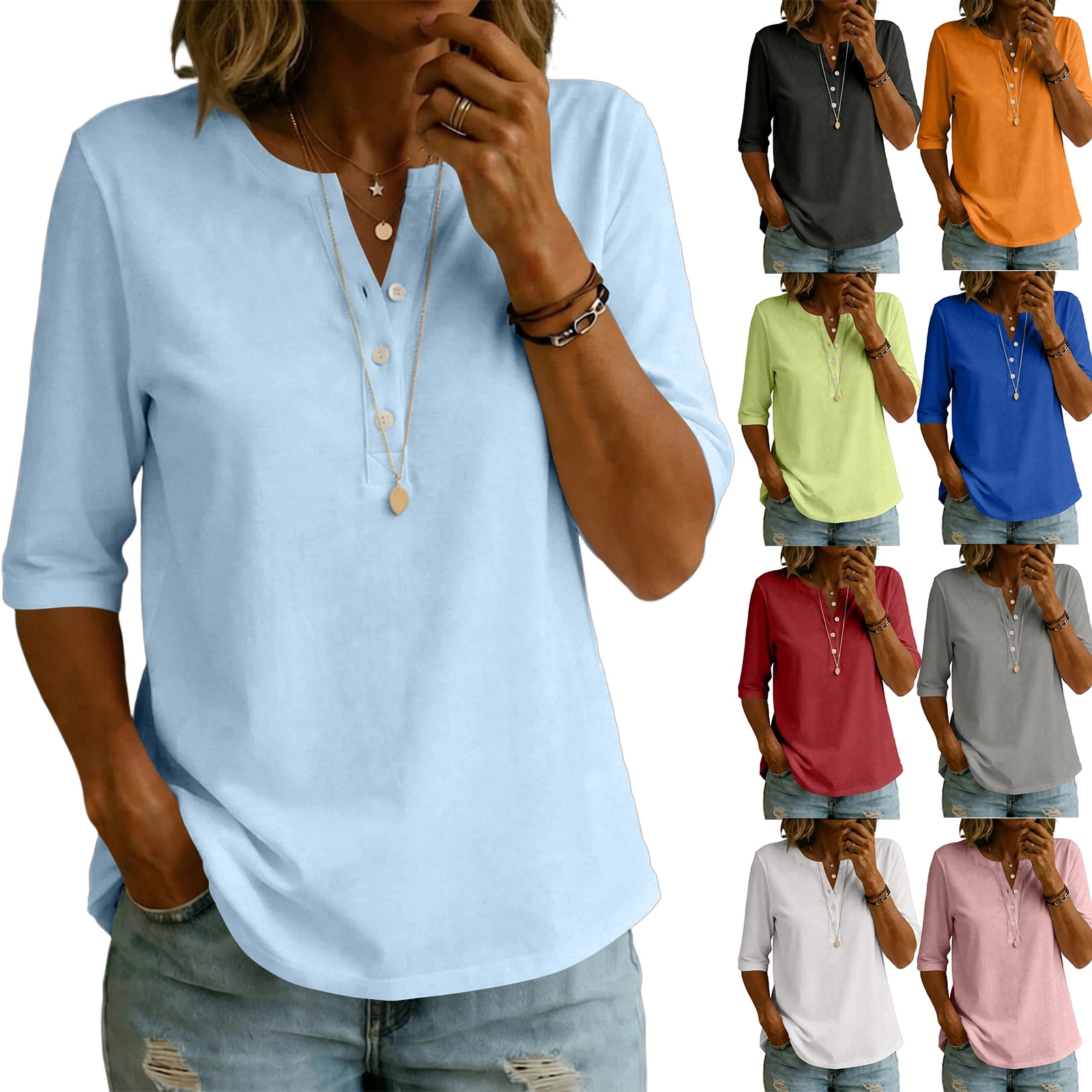 Women's Classic Henley Collar Cotton T-Shirt Half Sleeve Casual Button ...