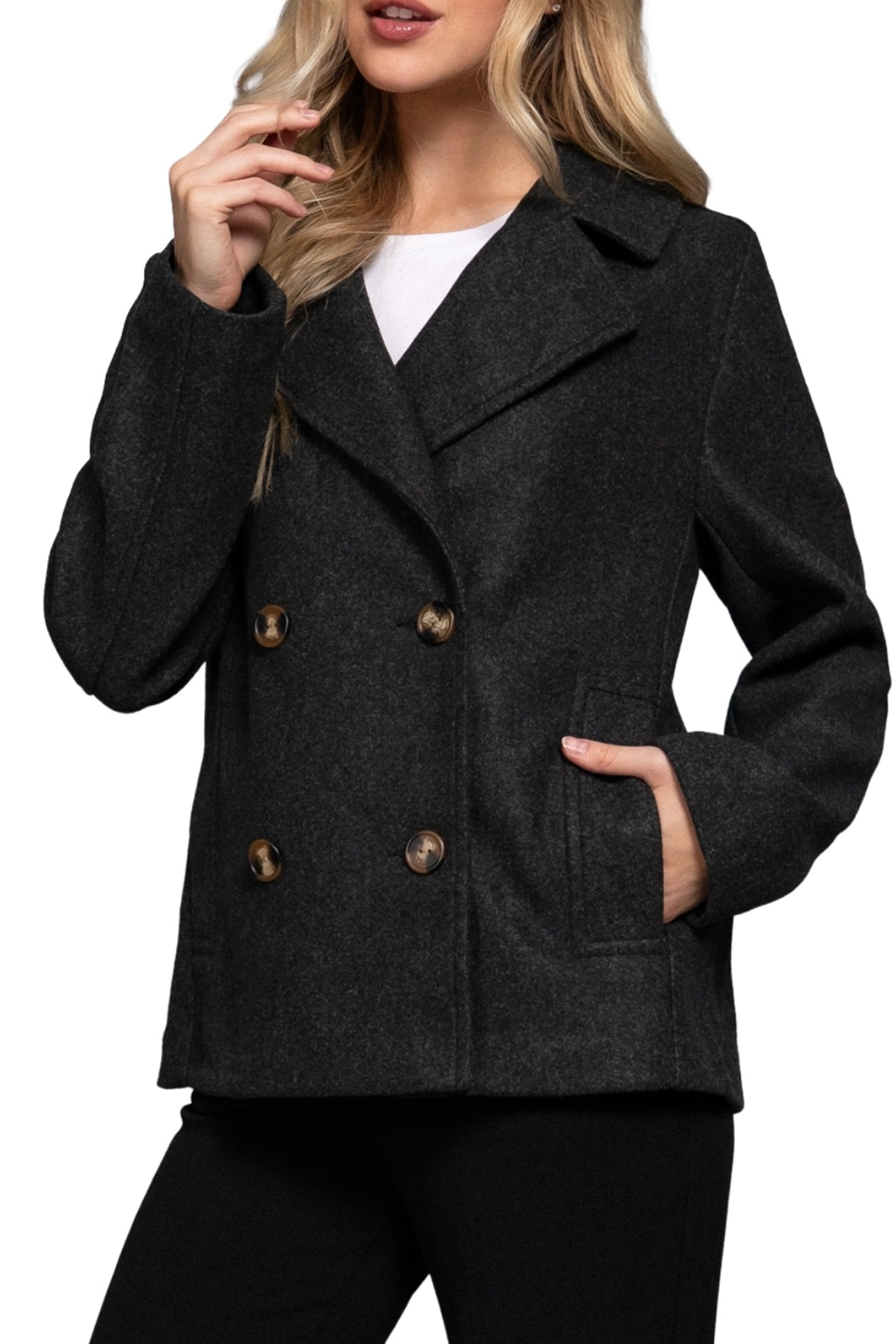 Women's Classic Soft Felt Short Peacoat Long Sleeve Solid Coat ...