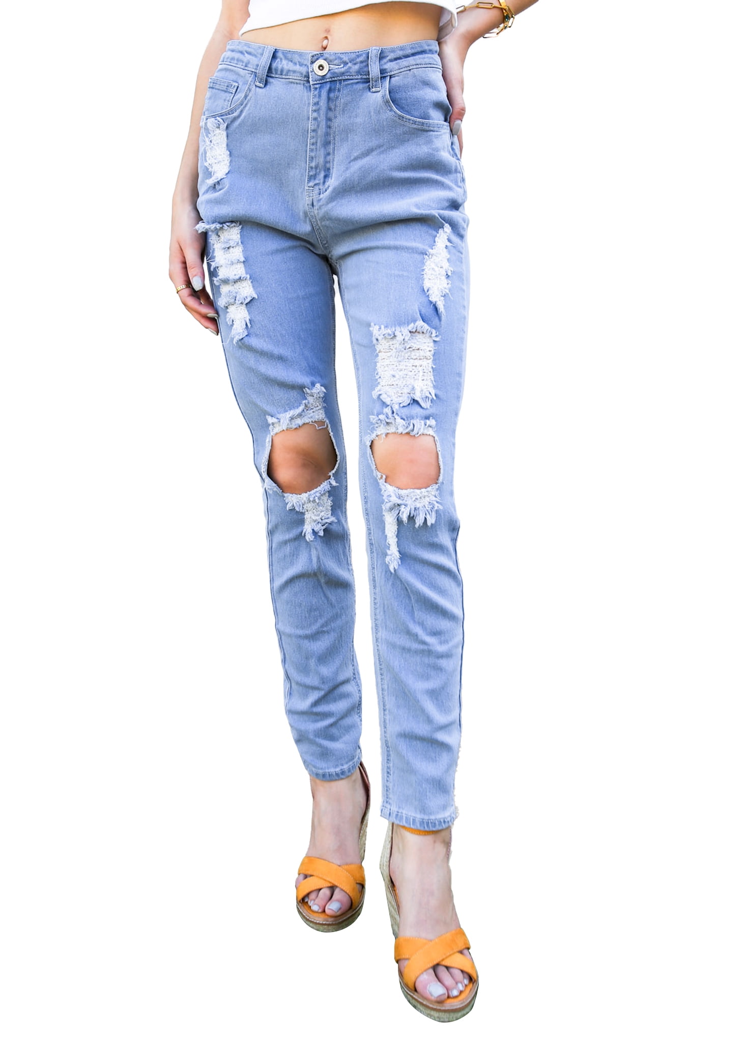 Women's Classic Stretch Skinny Ripped Distressed Destroyed Hole Jeans ...