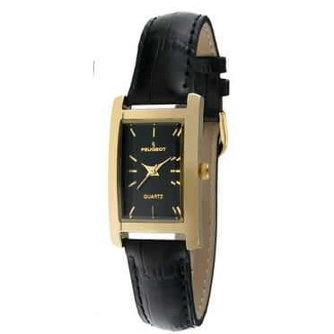 Caravelle Designed By Bulova Women's Classic Rectangular Black Leather ...