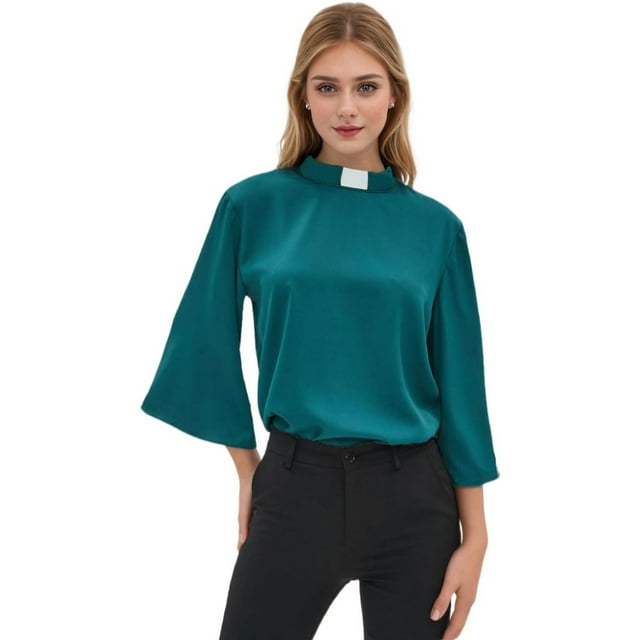 Women's Clergy Shirt for Women Tab Collar Dark Green Color Flared ...