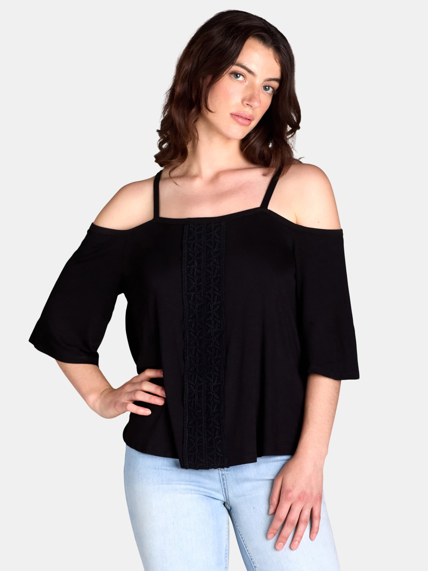 American High Women’s Cold Shoulder Top with Lace Inset, Sizes S-XL ...